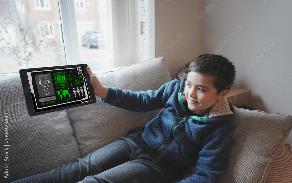 Technology Education,School kid holding tablet using a chatbot for ...