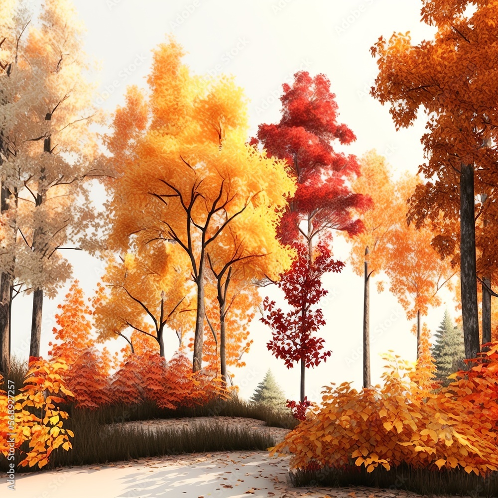 Autumn trees lanscape forest 3d rendering backgrounds png file blurred ...
