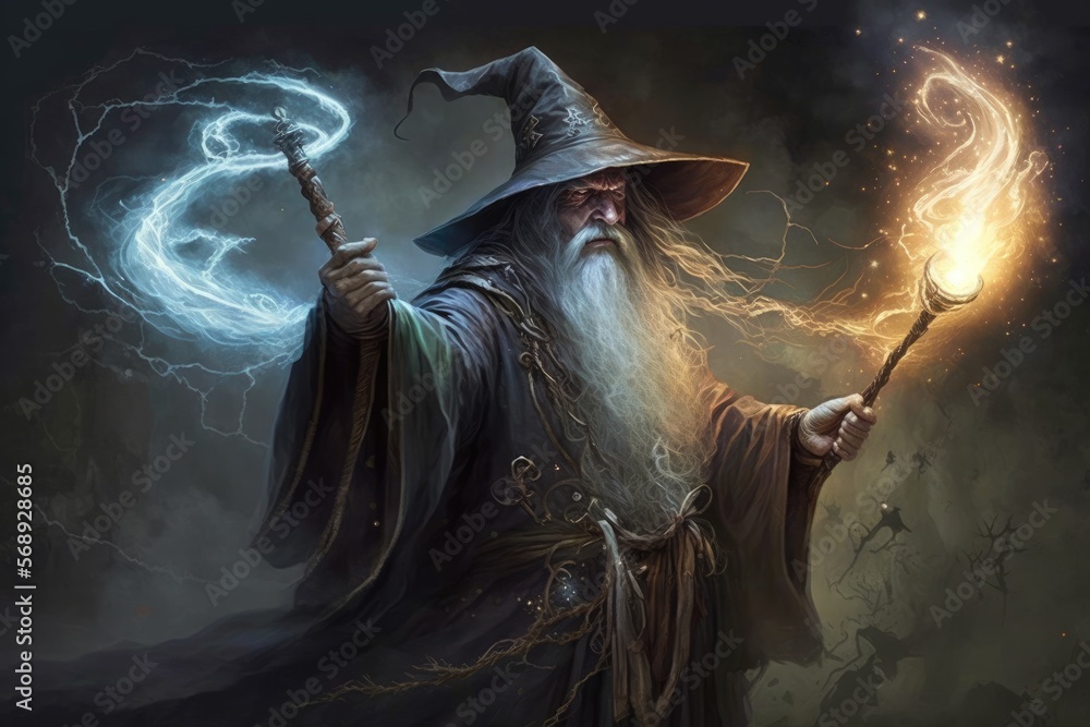A wizard holding a staff, adorned in a long, flowing robe and a pointed ...