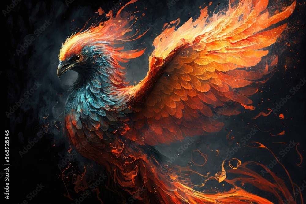 A phoenix with fiery red and orange feathers, rising from the ashes of ...