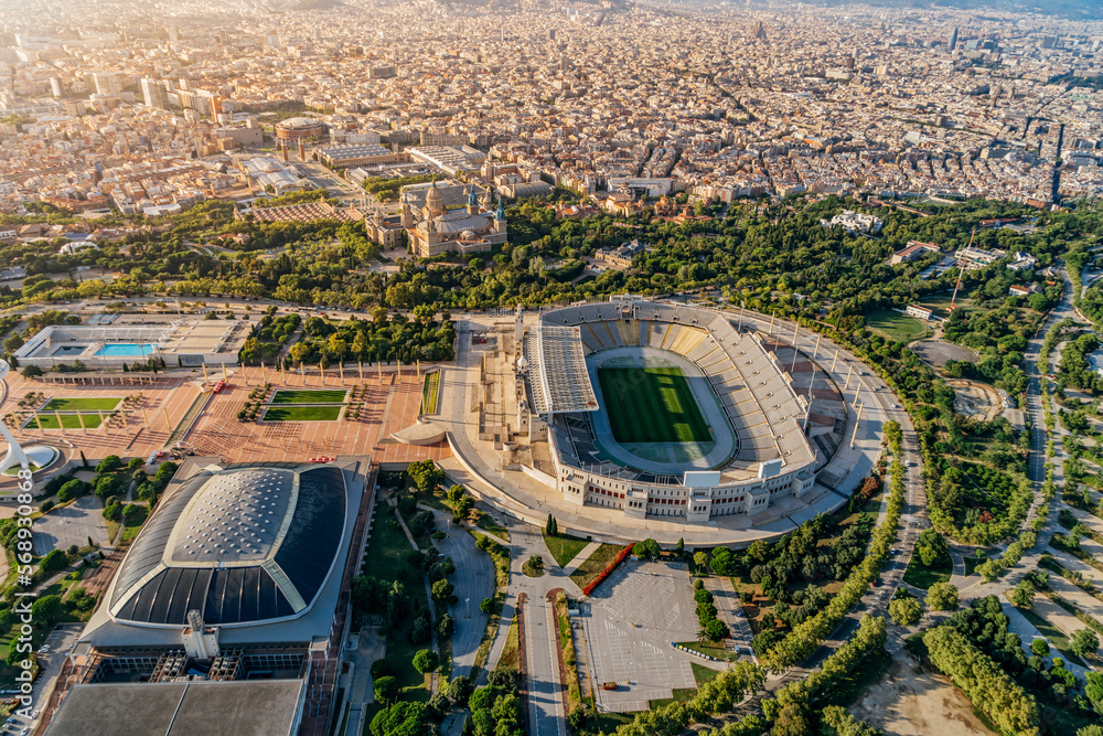 Aerial view of the Lluis Companys of Barcelona Olympic stadium ...