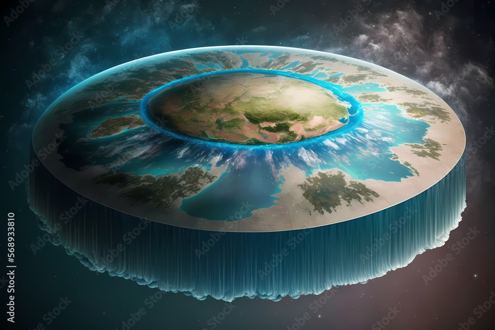 Flat Earth in space. Concept mythology universe and world are disk ...