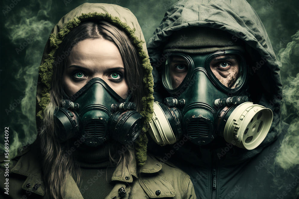 Ilustración de Stock Man and woman with gas mask depicting consequences ...
