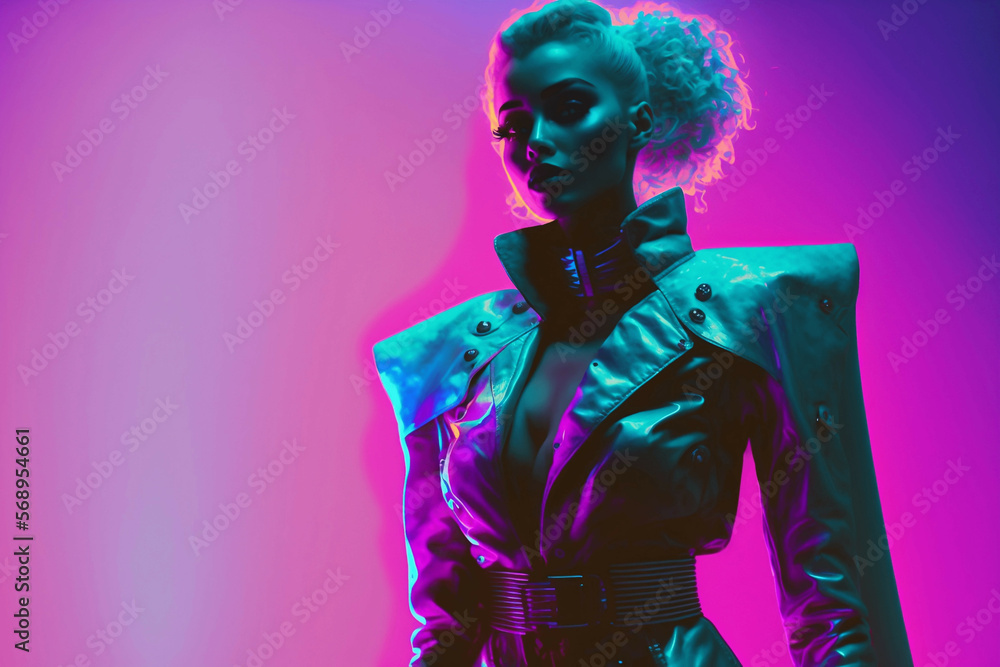 beautiful neo retro fashion woman model isolated in neon lights ...