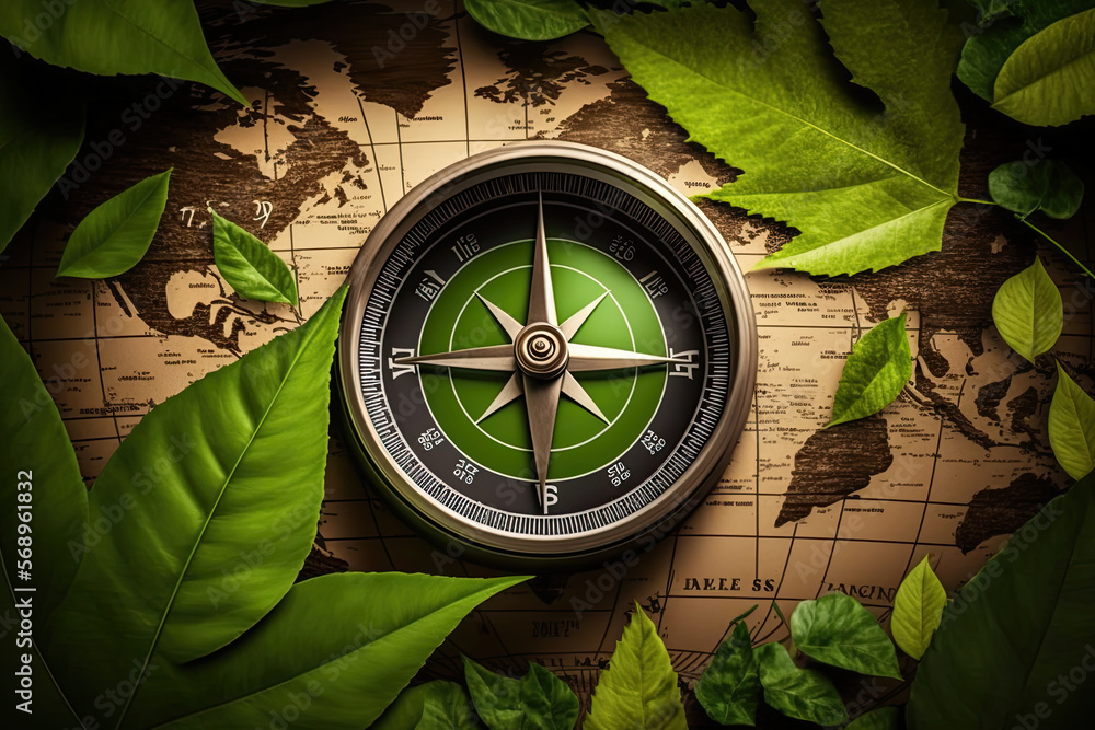 Green leaves surrounding a compass pointing towards eco-friendly ...