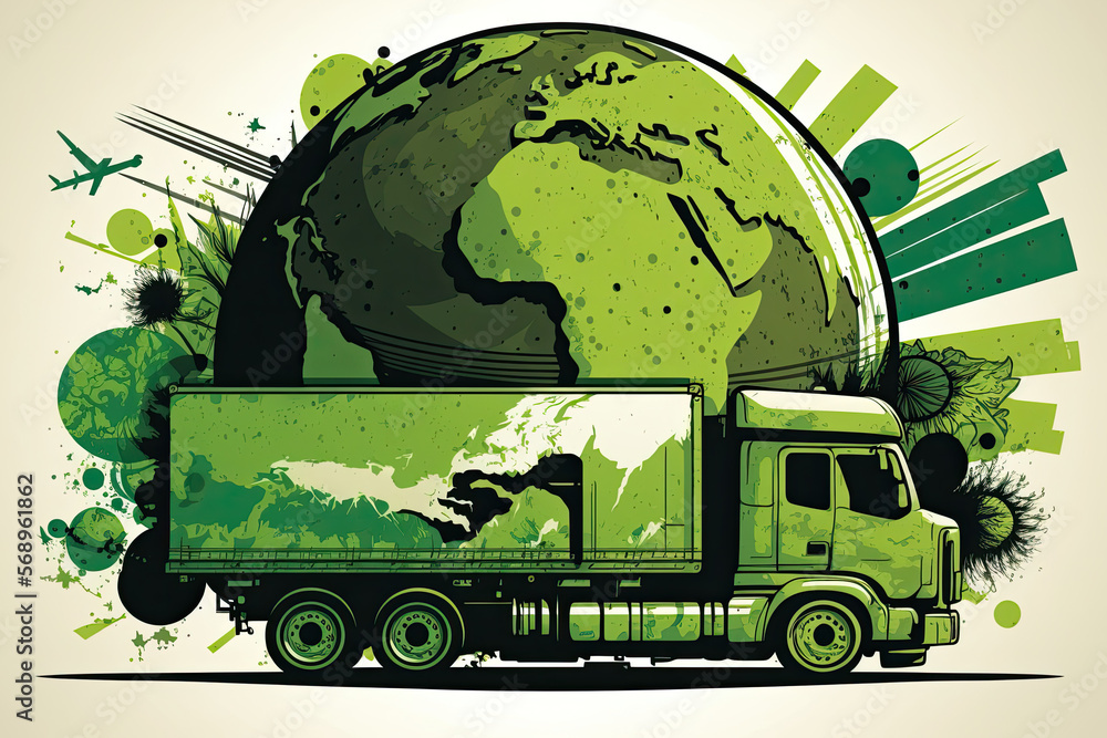 Green logistics graphic design with globe and delivery trucks in the ...