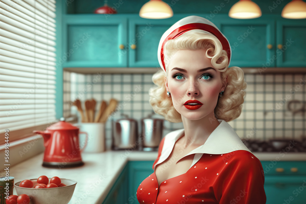 50s style beautiful blonde housewife cooking. Retro pin up style woman ...