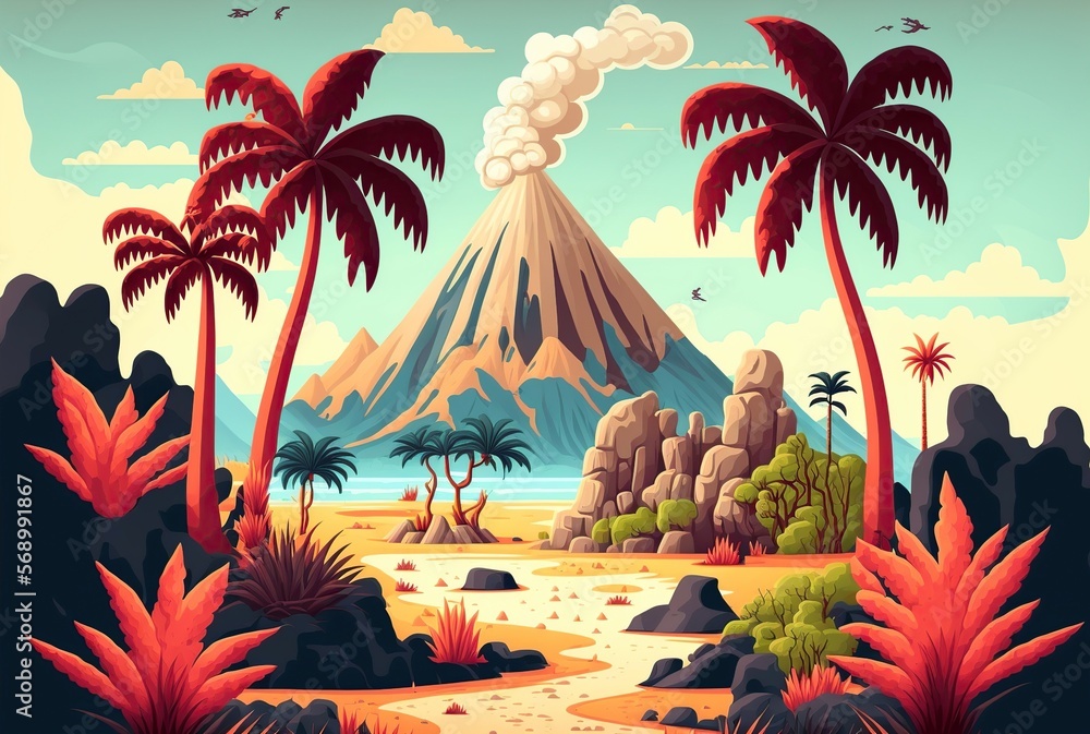 cartoon illustration, prehistoric landscape with volcano and tree, ai ...