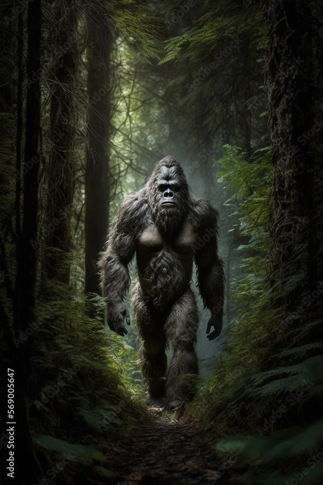 Legendary Creature Bigfoot, Mythical Sasquatch from Folklore, Walking in Pacific Northwest ...