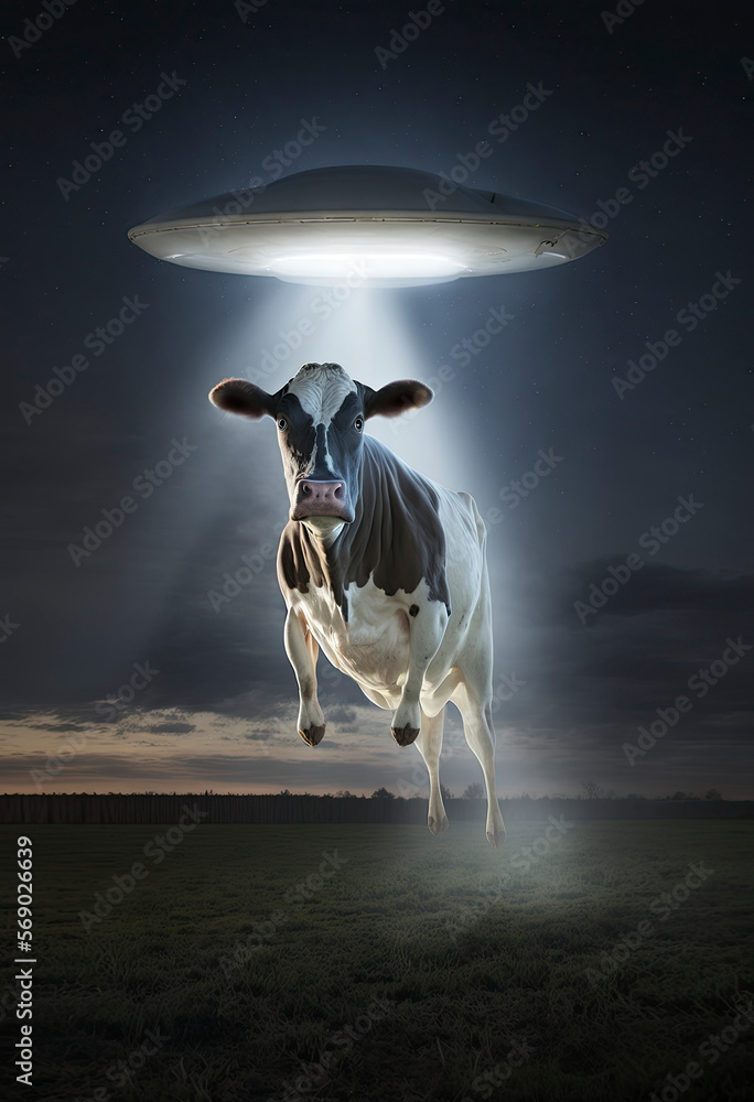 Cow in the tractor beam of a UFO over a pasture at night, created with ...