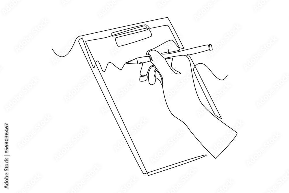 Single one line drawing hand filling out a task form with a pen ...