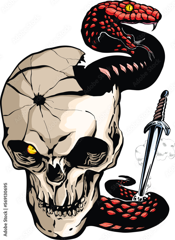 Demon skull with snake monster stabbed by dagger tattoo design vector ...