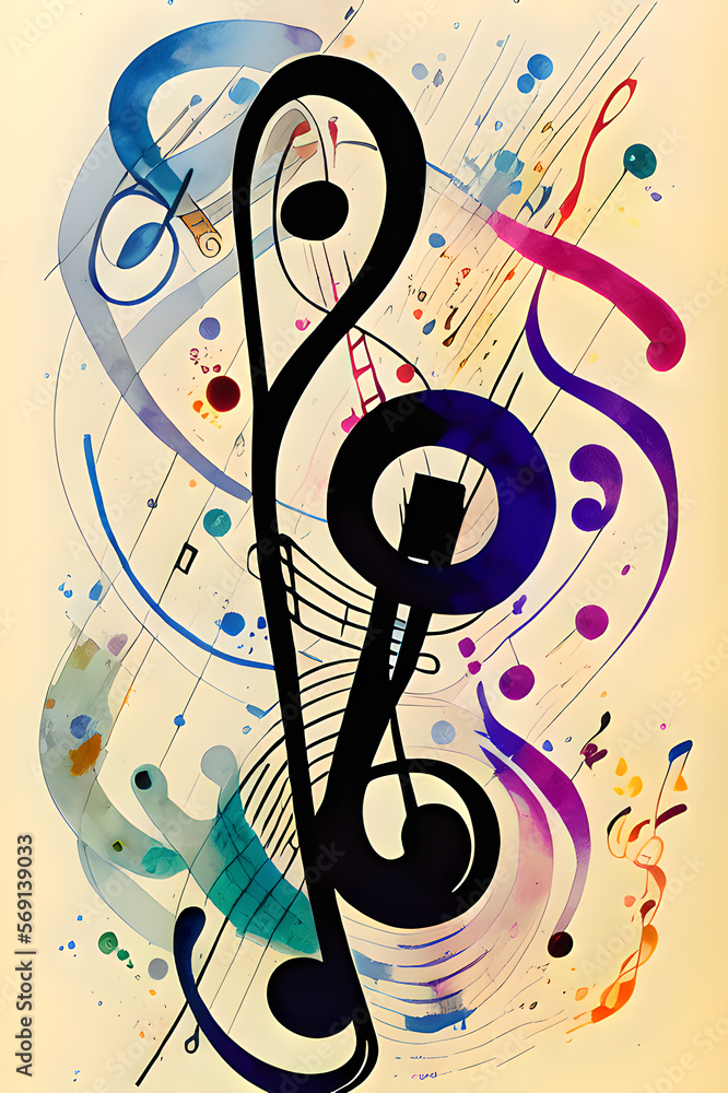 Treble clef, music notes sheet, watercolour, Morse code, abstract art ...