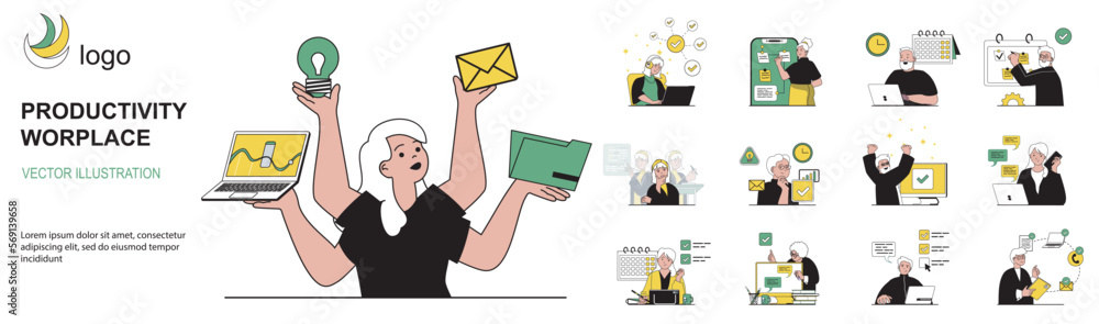 Productivity workplace concept with character situations collection. Bundle of scenes people ...