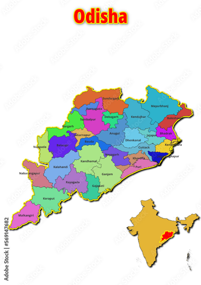Map of Odisha State with names of regions. Vector illustration of ...