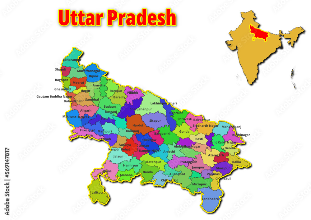 Map of Uttar Pradesh State with names of regions. Vector illustration ...