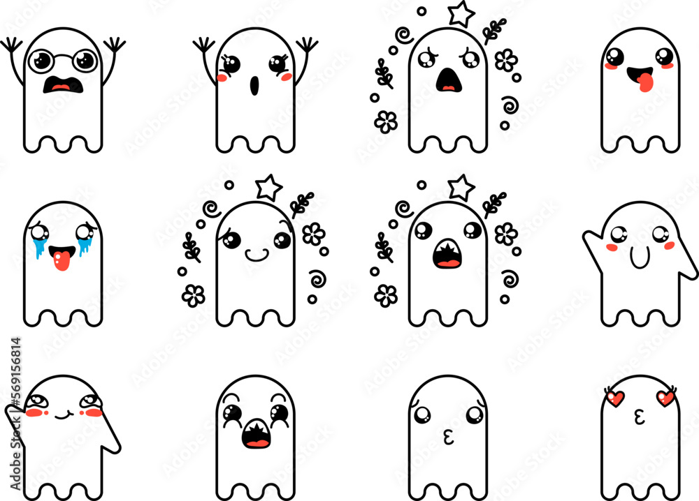 Set of Various Cartoon Ghosts with Emoticons. Doodle ghouls, eyes and ...