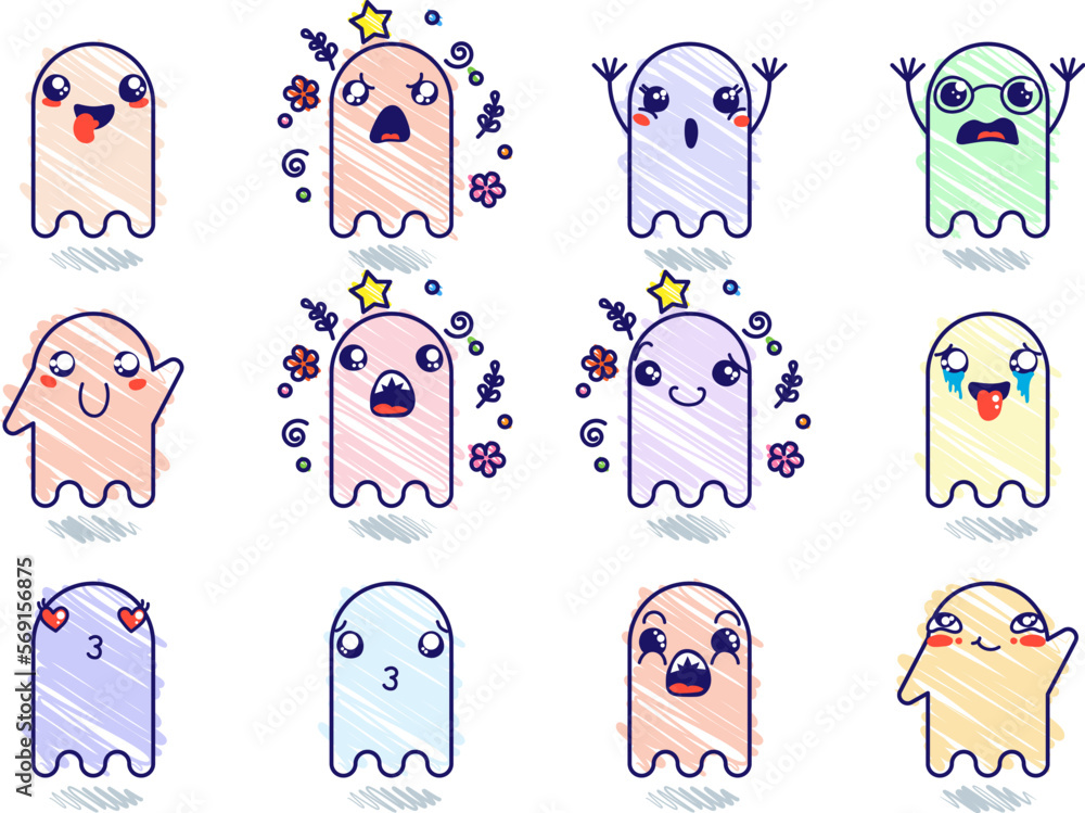 Vetor Set of Various Cartoon Ghosts with Emoticons. Doodle ghouls, eyes ...