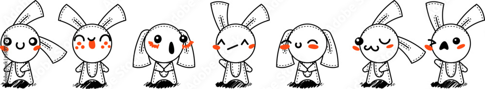 Outline Cartoon Rabbits. Emoticons, doodle faces, eyes and mouth ...