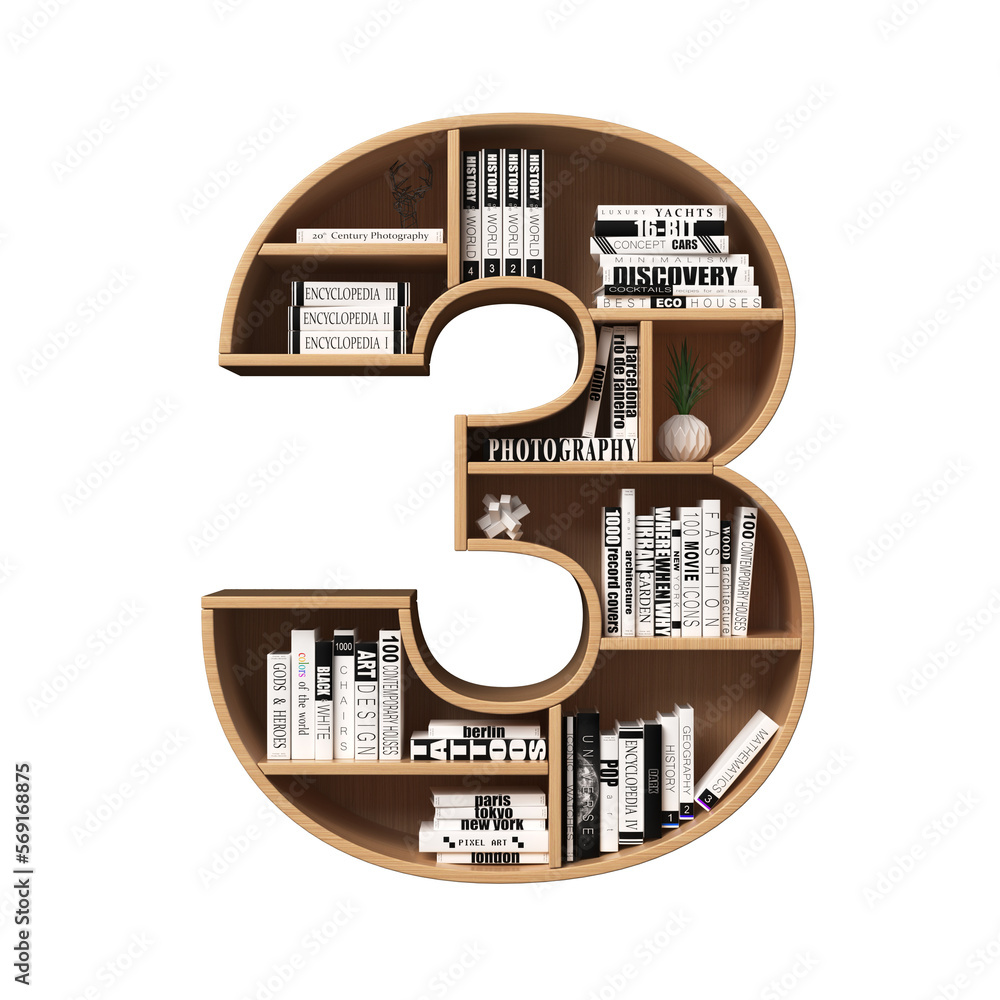 Bookshelves 3d font. Alphabet in the form of book shelves. Mockup font, 3d rendering. Number 3 ...