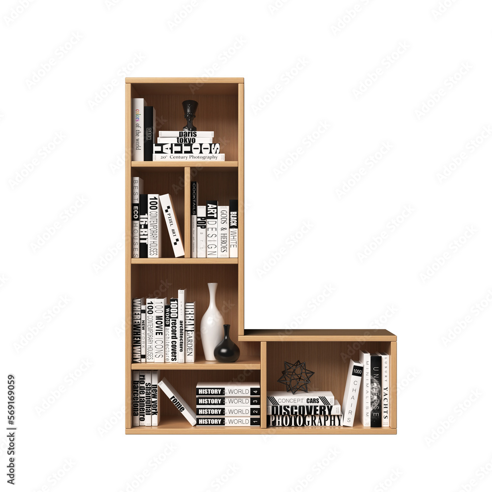 Bookshelves 3d font. Alphabet in the form of book shelves. Mockup font, 3d rendering. Letter L ...