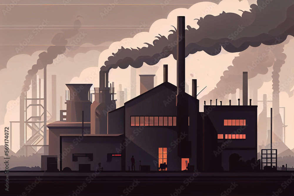 2d illustration of a factory plant releasing smoke pollution to the ...