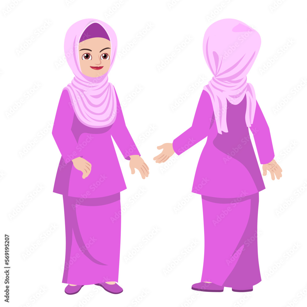 Malay woman in traditional dress front and back view Stock Vector ...