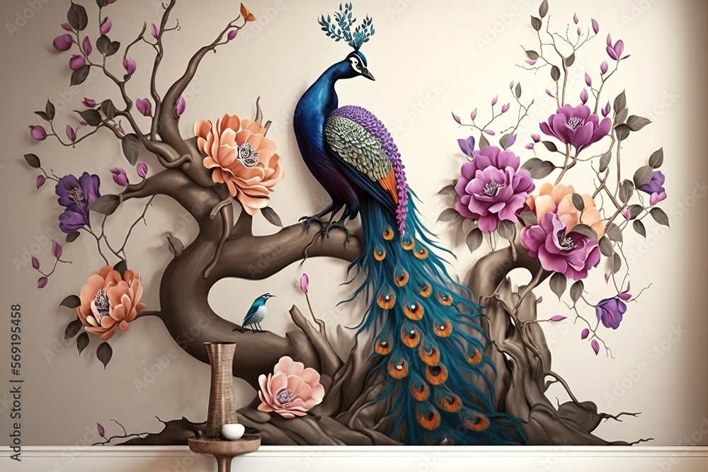 Peacock on branch wallpaper. colorful flowers 3d mural background. wall canvas poster art, 4k ...