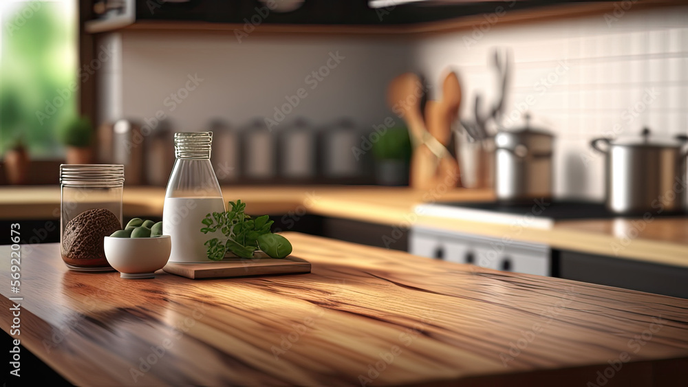 Wood table top in background of blurry kitchen counter. for montage ...