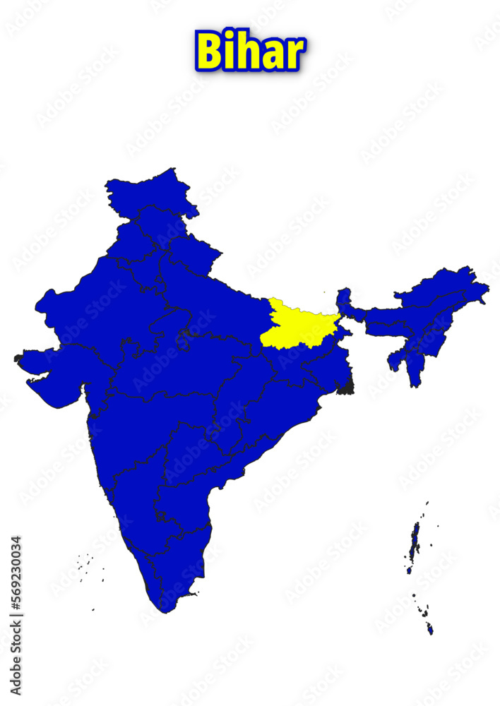 Detailed illustration map of India, continent Asia with Bihar State in ...