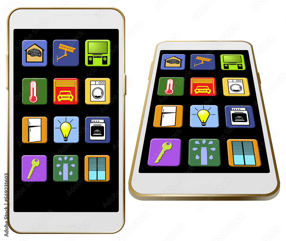 Here is a cell phone with smart home app icons on the screen and the ...
