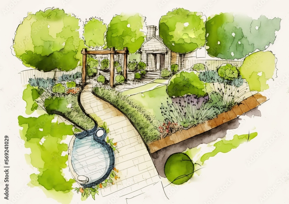 Landscape architect plan design. Watercolor hand painted with brushes ...