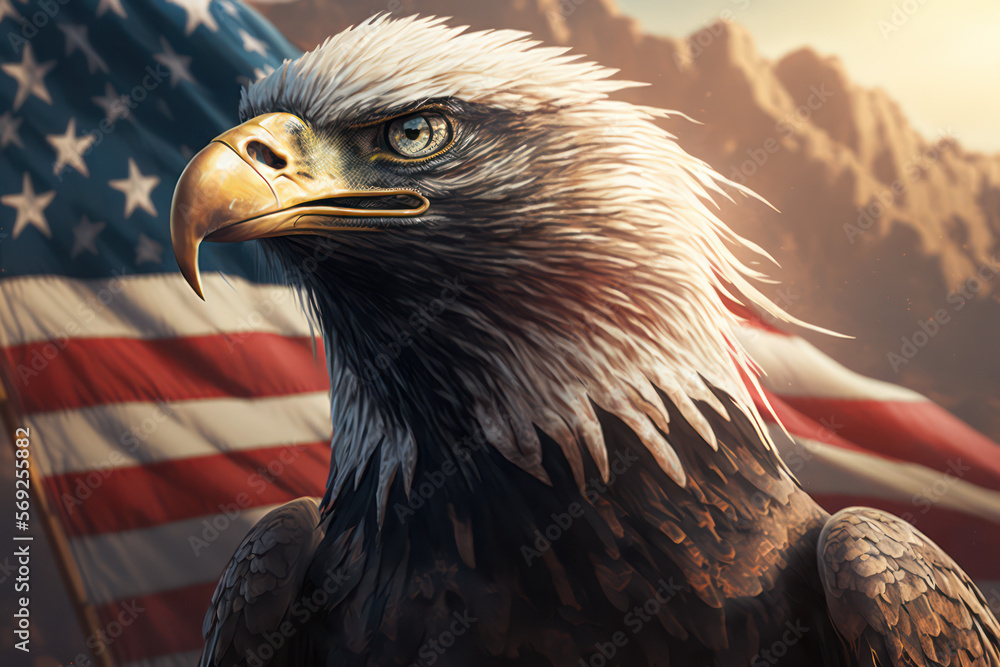 Patriotic american bald eagle in fron of USA flag, symbol of United ...