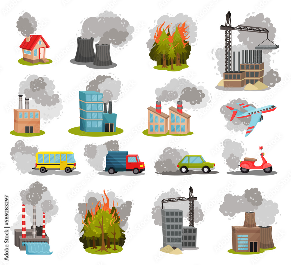 Environmental pollution set. Pollutant fog, gas and industrial smog ...