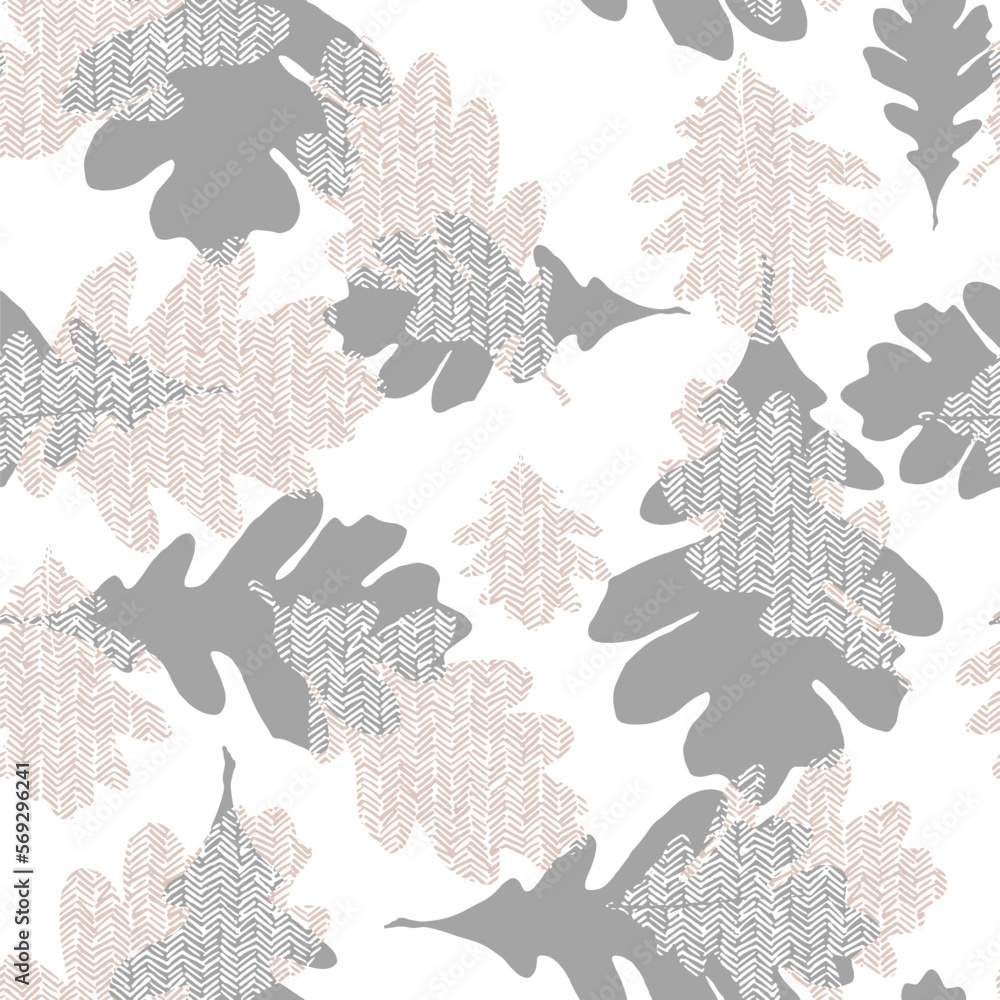 Abstract oak leaf contemporary seamless pattern with hand drawn shapes, spots, dots and lines ...