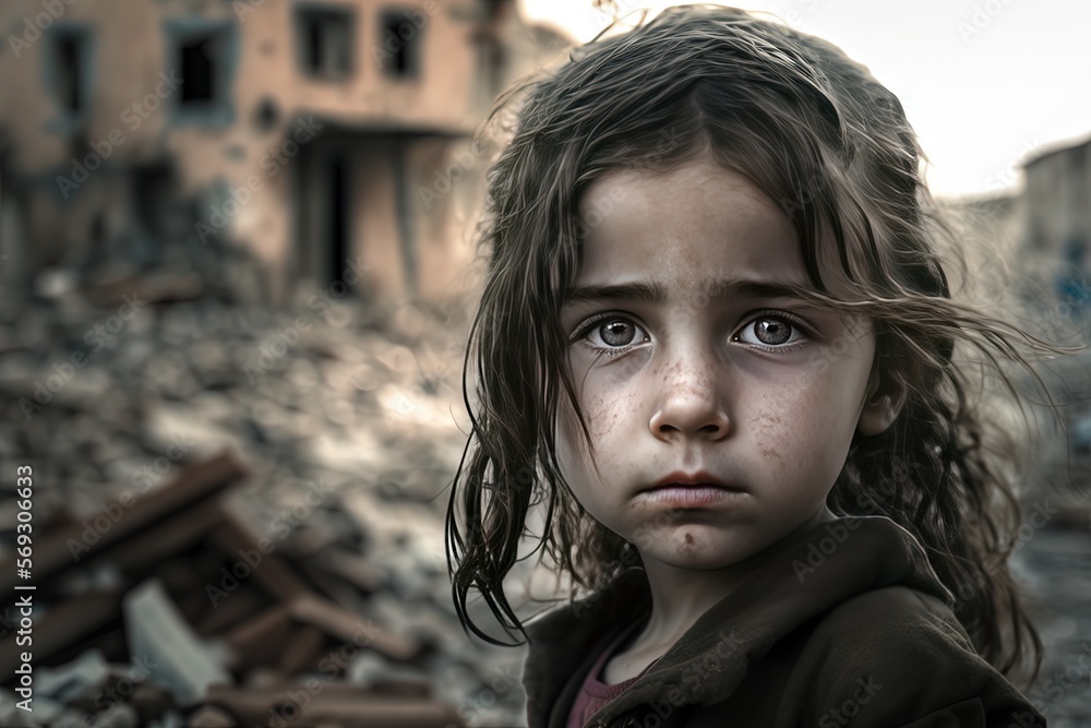 Stock-Illustration „a sad girl standing in front of collapse buildings ...