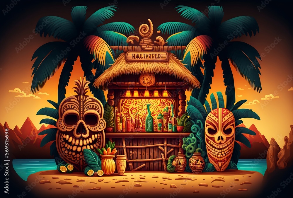 cartoon illustration, wooden tiki bar hut with tribal drinks and snacks ...
