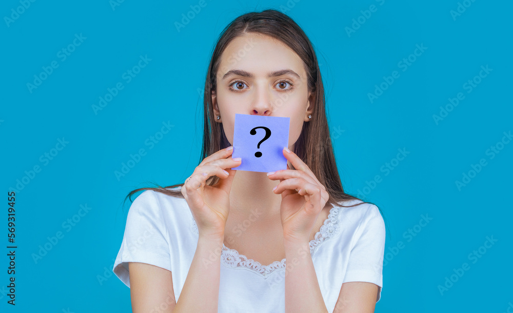 Photo Stock Woman with question mark looking up. Doubtful girl asking ...