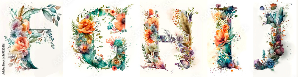 Alphabet, floral set letters with watercolor painting flowers roses and ...