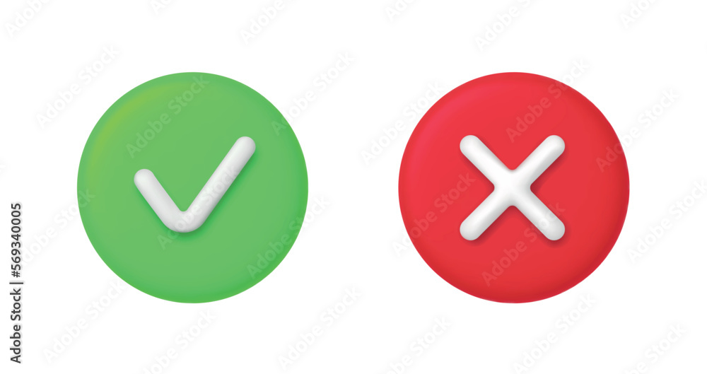3D Right and Wrong Button in Round Shape. Green Yes and Red No Correct Incorrect Sign. Checkmark ...