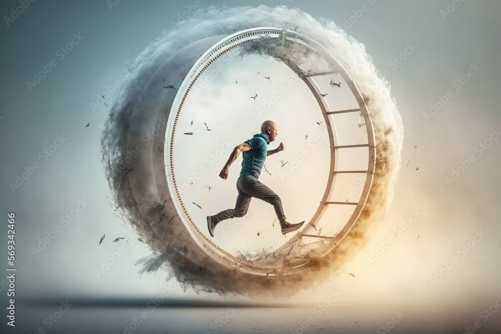 human-sized hamster wheel with person running inside suspended, concept ...