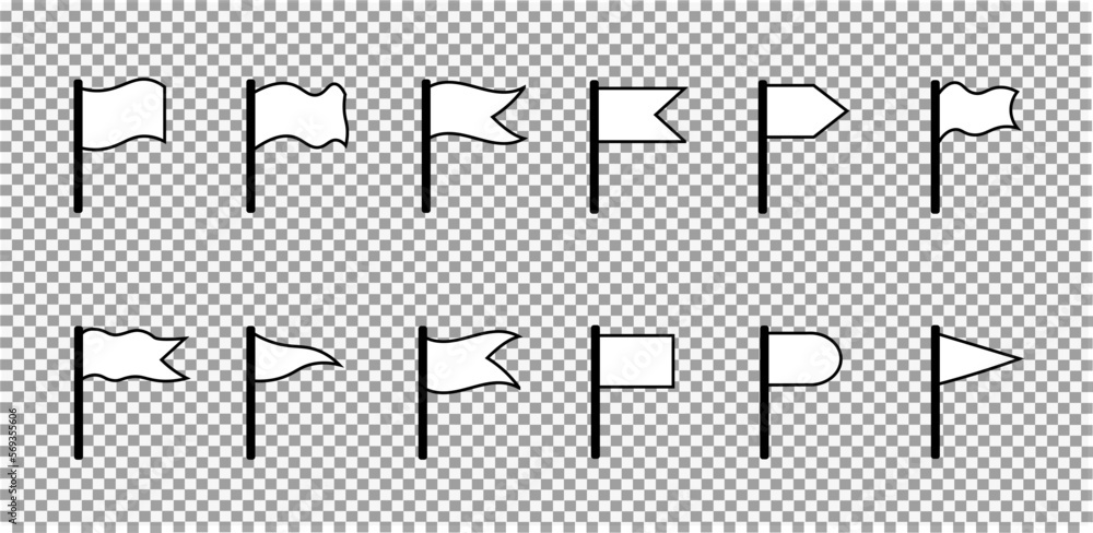 Set of white flag icons on a transparent background. Pennants of ...