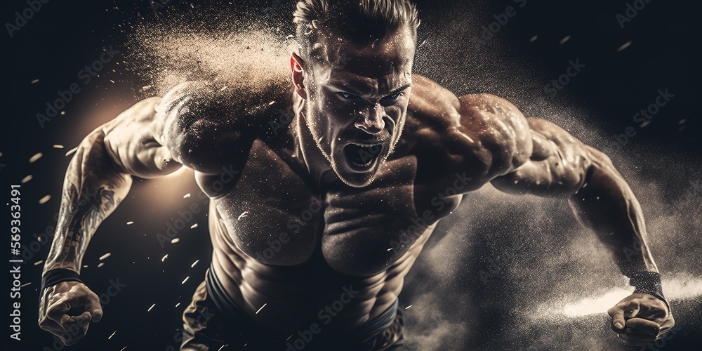 Caucasian strong athlete running furiously. Strength, resistance and ...