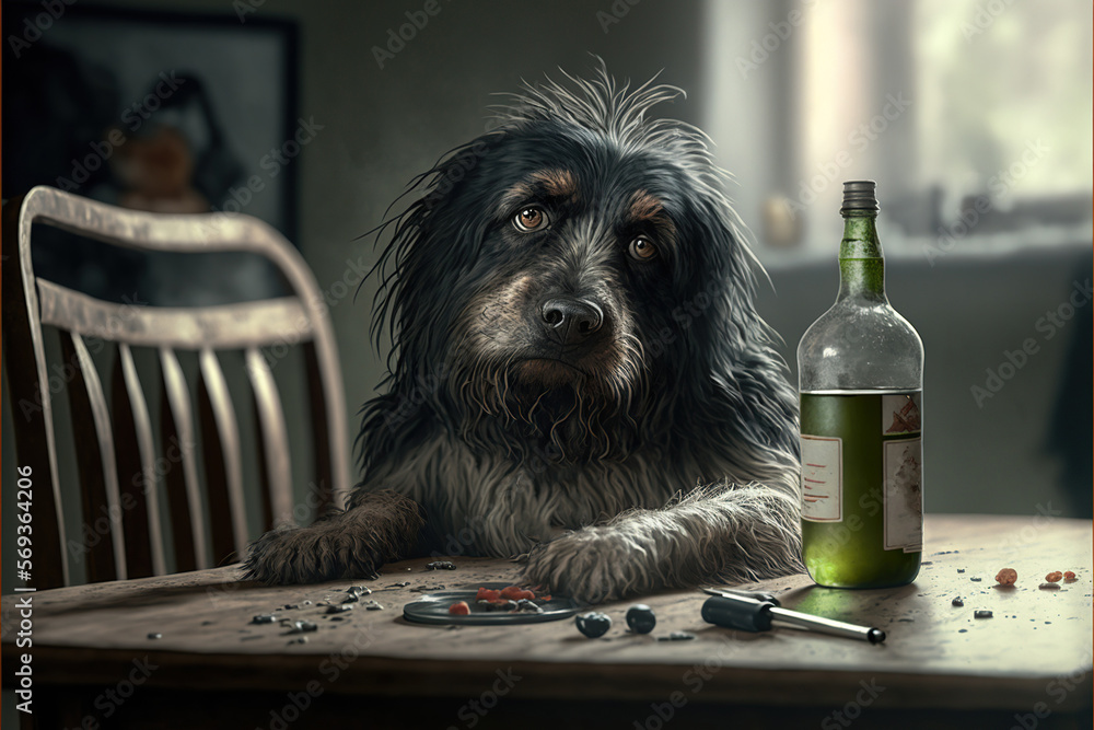 Created with Generative AI technology. drunk dog sitting alone at the ...