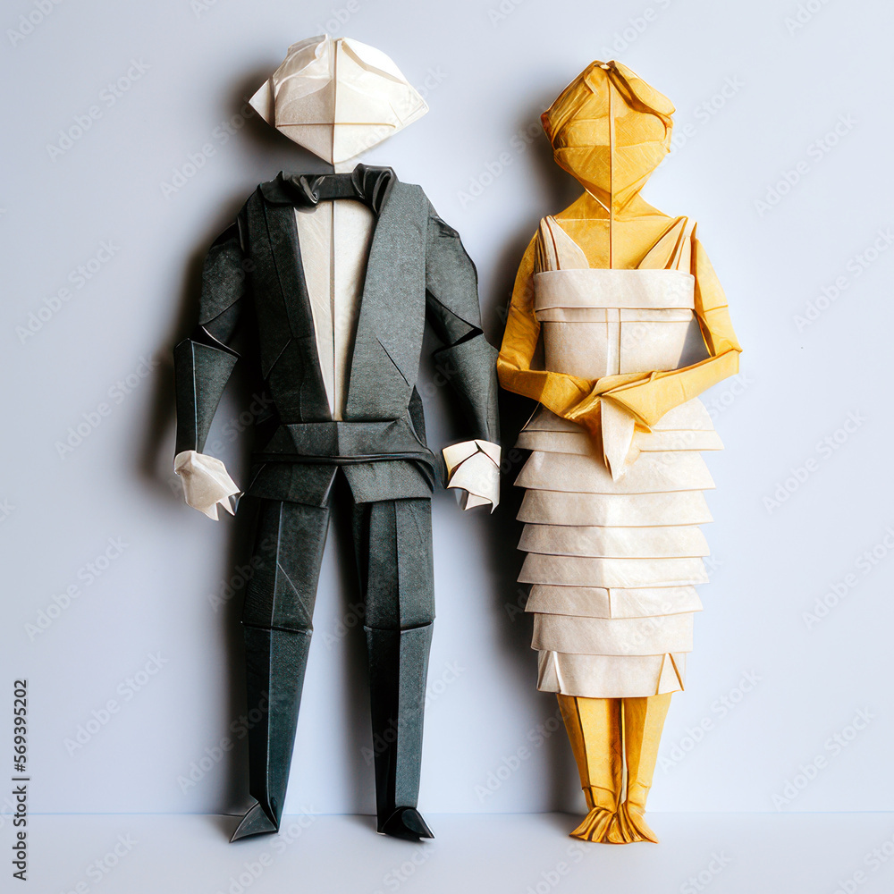 origami couple in suit and dress with a white male figure and a tanned ...