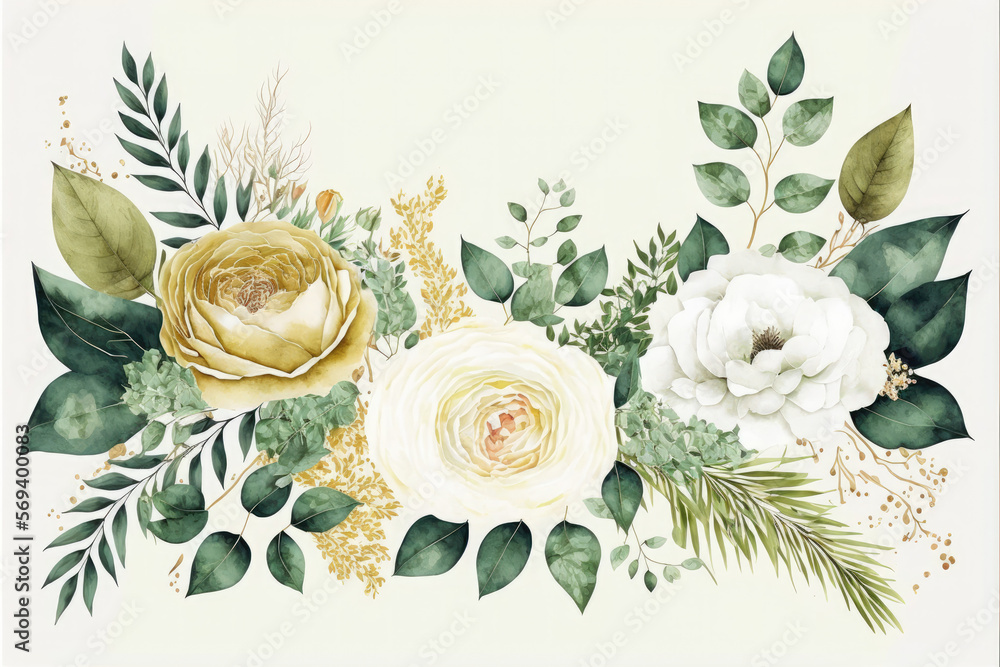 floral illustration, white flowers, gold flowers, green leaves, floral ...