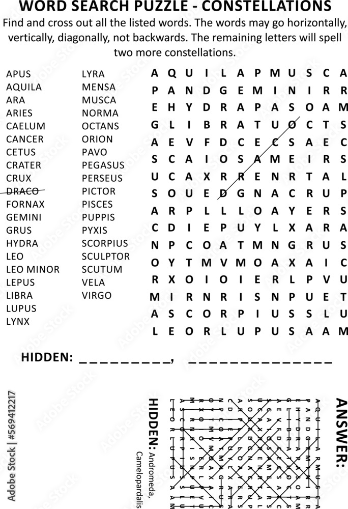 Constellations word search puzzle (suitable both for kids and adults ...
