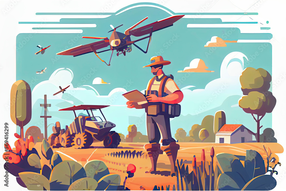 Cartoon farmer controlling drone in field. Smart farming scene in ...