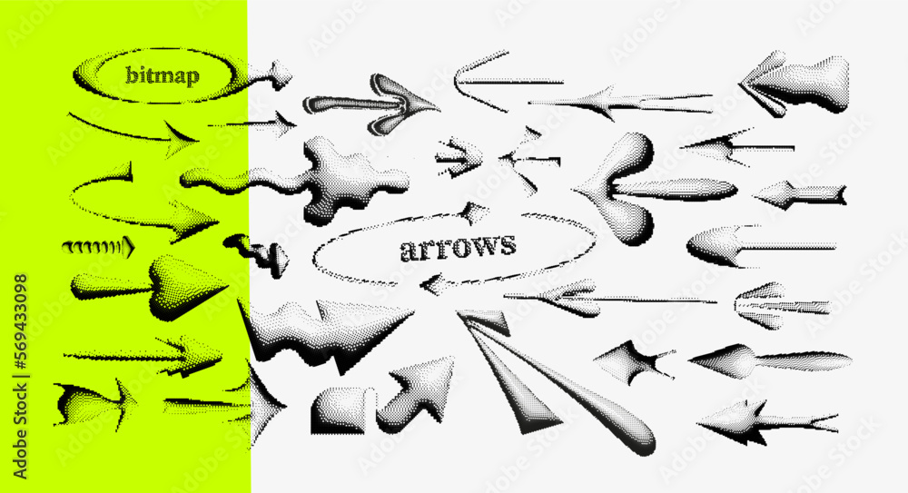 Set of bizarre unusual arrows in pseudo 3d halftone style. Forms of ...