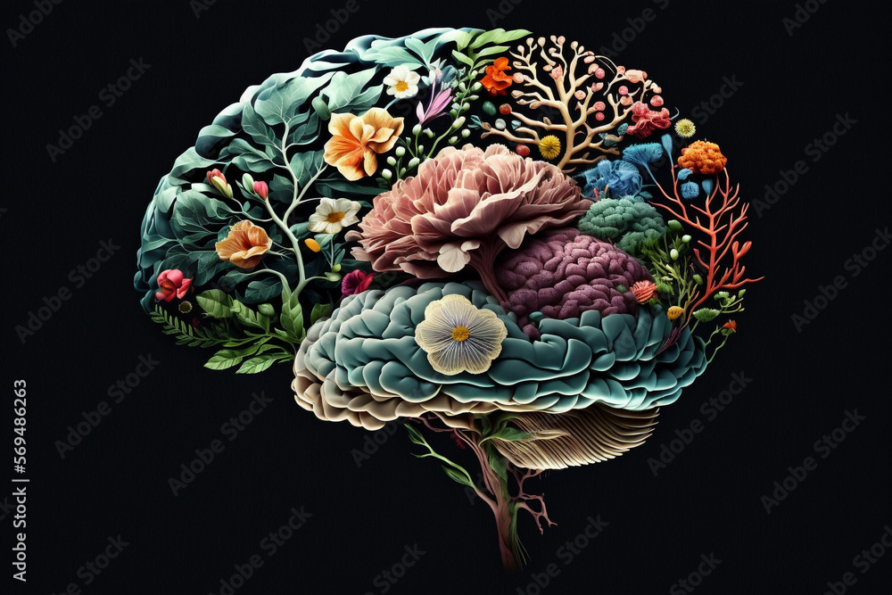 Human brain with spring flowers, symbolising mental health and self care concept, positive ...